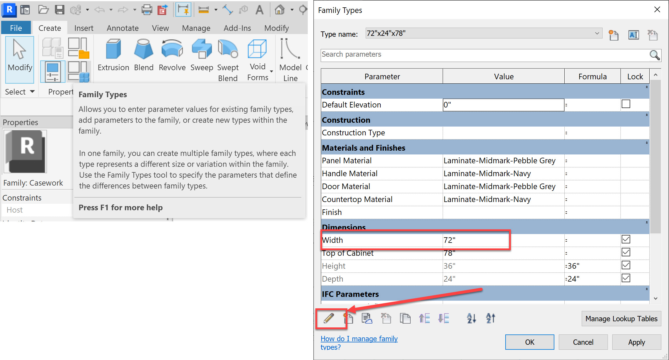 In the Create tab>Properties panel, click Family Types to open the ...