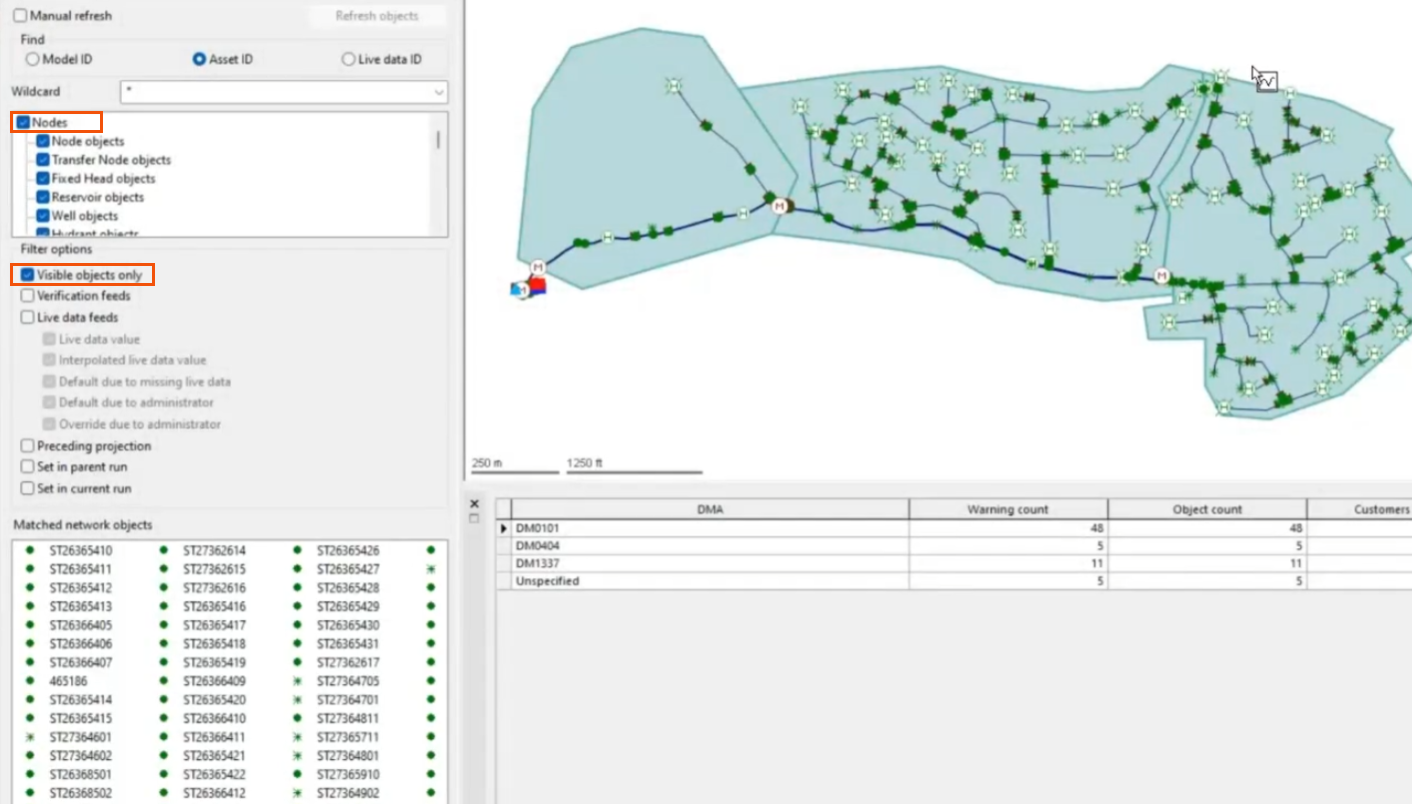 In the Network Find panel, the Nodes object type and the Visible ...