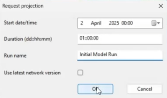 The Request projection dialog, with the Start date/time, Duration, and ...